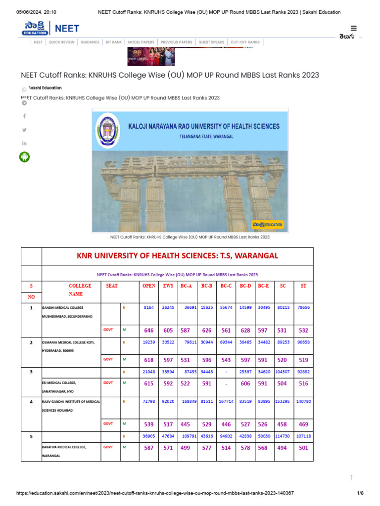 NEET Cutoff Ranks - KNRUHS College Wise (OU) MOP UP Round MBBS Last Ranks 2023 - Sakshi ...