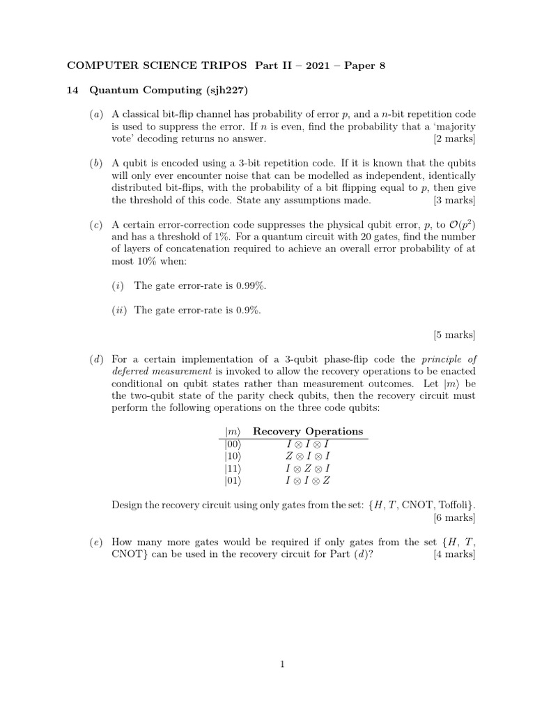 Computer Science Tripos Part Ii - 2021 - Paper 8 Quantum Computing (sjh227) | PDF