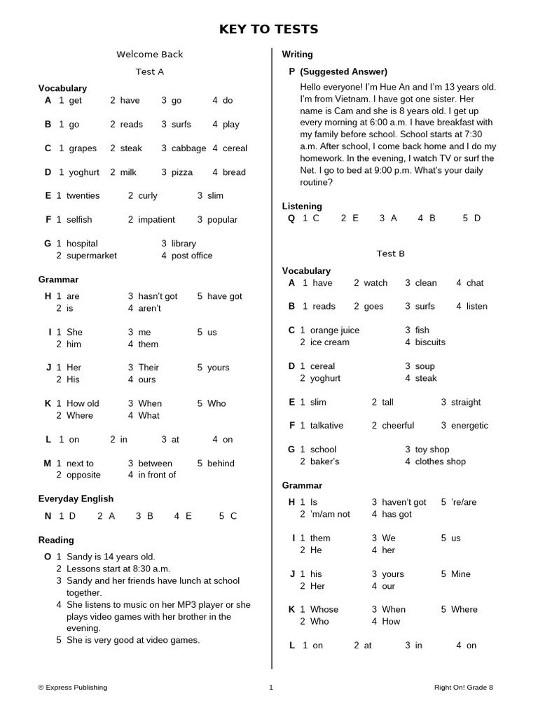 28 Right On gr8 Tests KEY | PDF | Vietnamese Cuisine