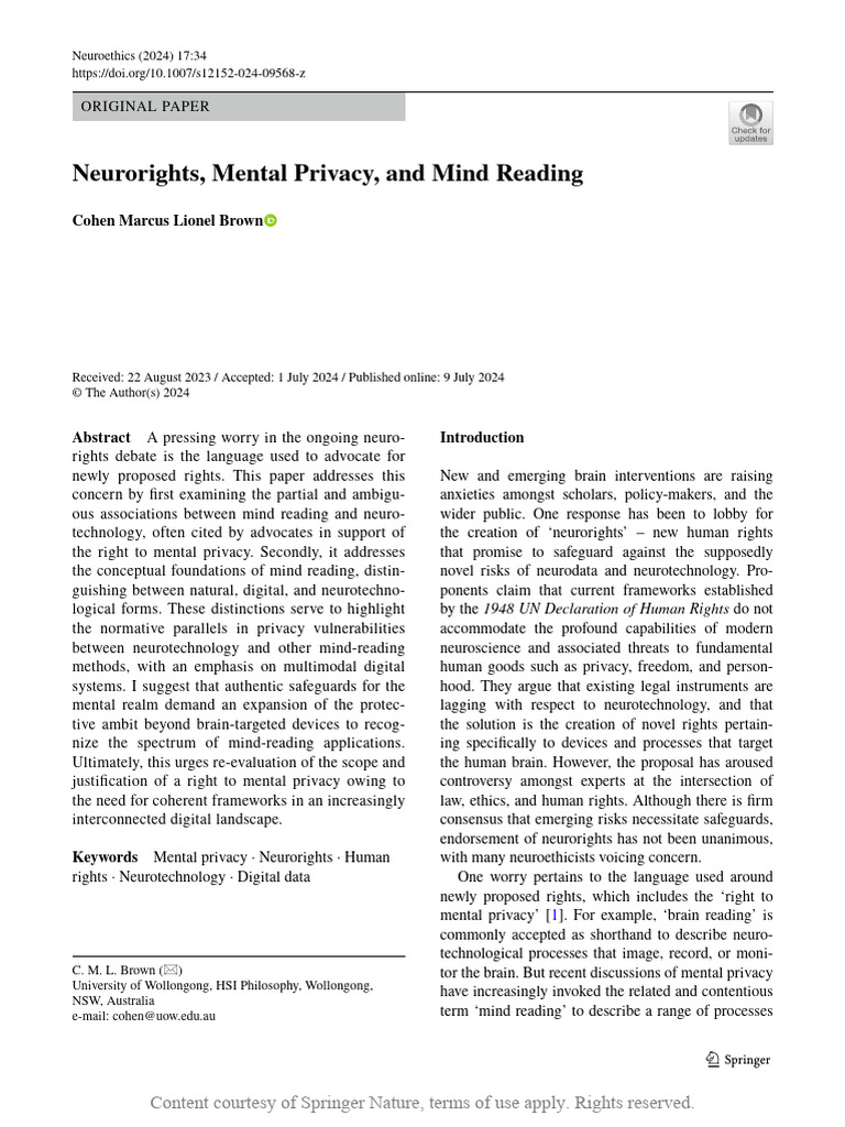 Neurorights Mental Privacy and Mind Reading | PDF | Mind | Privacy
