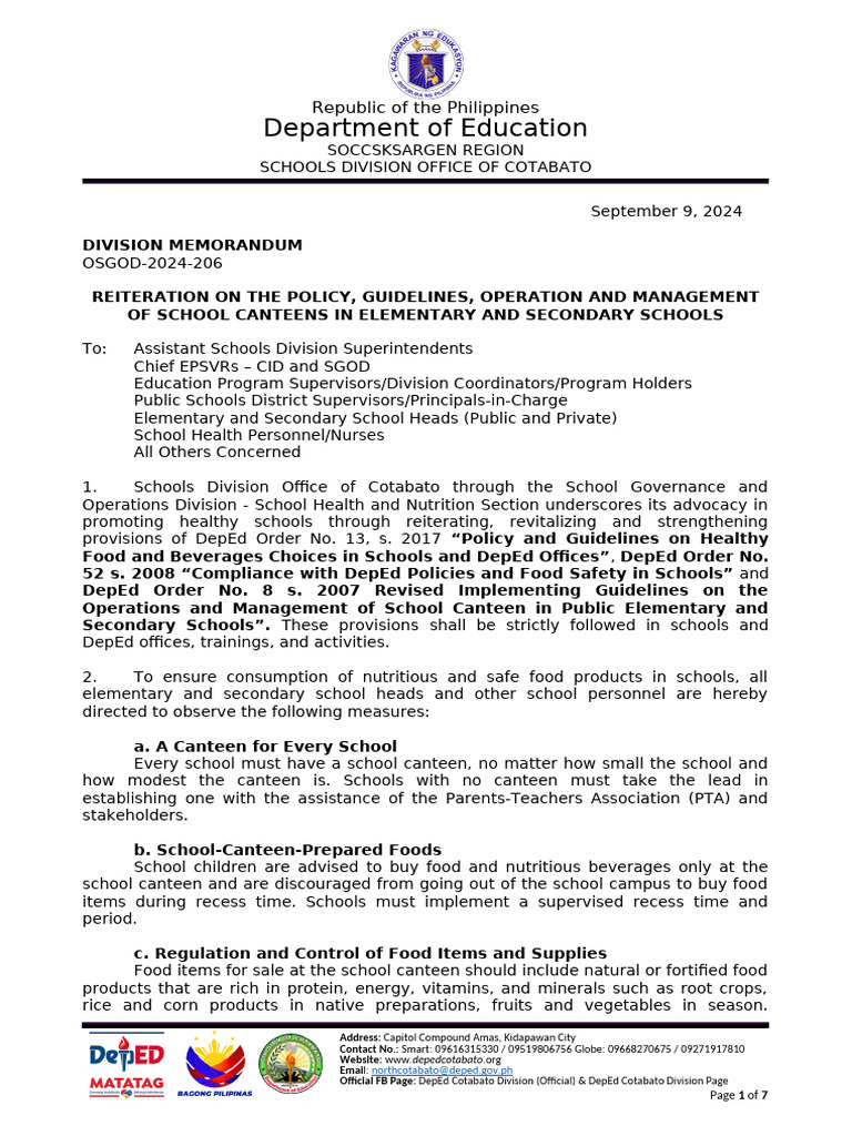Qa Canteen Reiteration Memo | PDF | Food Safety | Foods