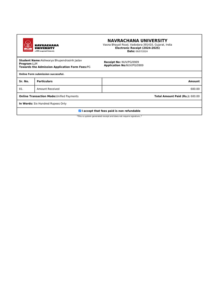 Acknowledgement Receipt NUV PG 0909 | PDF