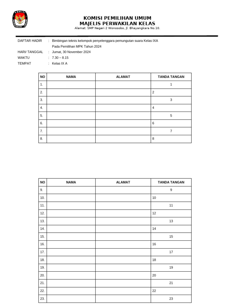 Template Daftar Hadir Kpps Untuk Pemilu Tahun 2024 | PDF