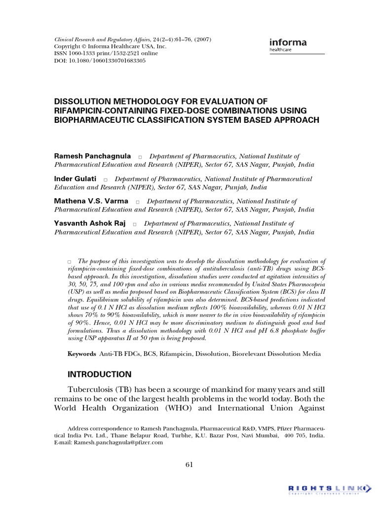 Dissolution Methodology For Evaluation of Rifampicin Containing Fixed Dose Combinations Using ...