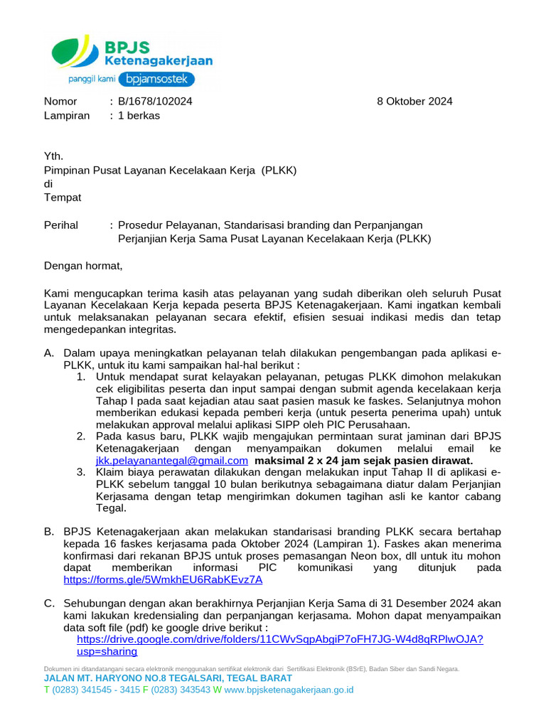 Surat Prosedur Layanan, Standarisasi Branding PLKK Dan Perpanjangan PKS ...