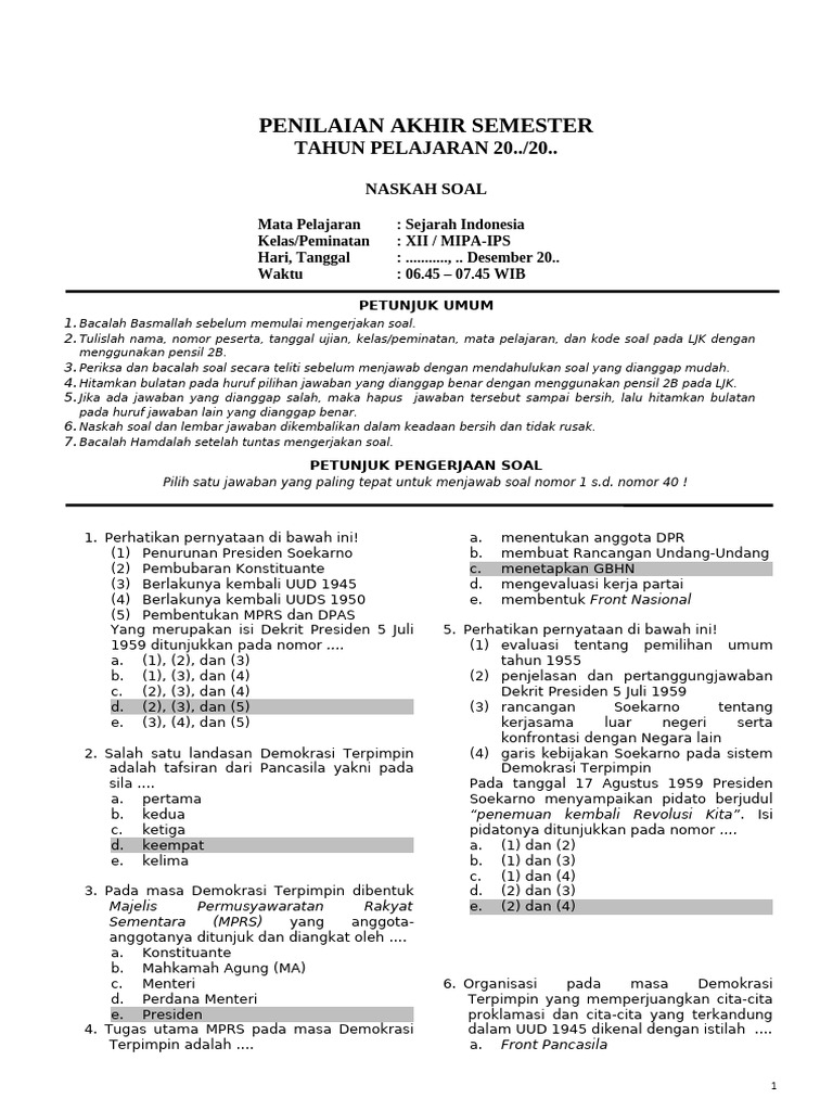 Soal PAS Sejarah Indonesia Kelas XII | PDF