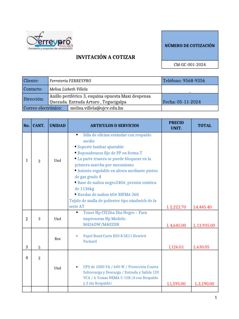 INVITACIÓN A COTIZAR FERREYPRO GRUPO N. 1 Del Grupo 6 | PDF
