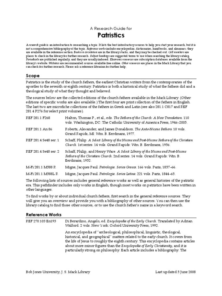 A Research Guide For Patristics | PDF | Church Fathers | Libraries