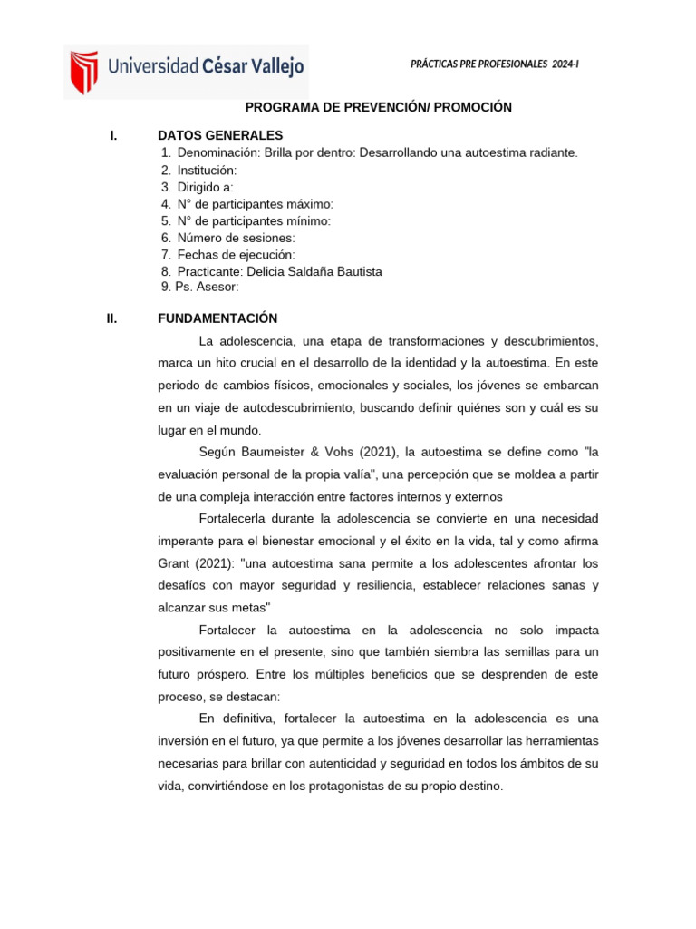Esquema Programa Prevencion-Promocion (1) - 1 | PDF | Autoestima | Evaluación