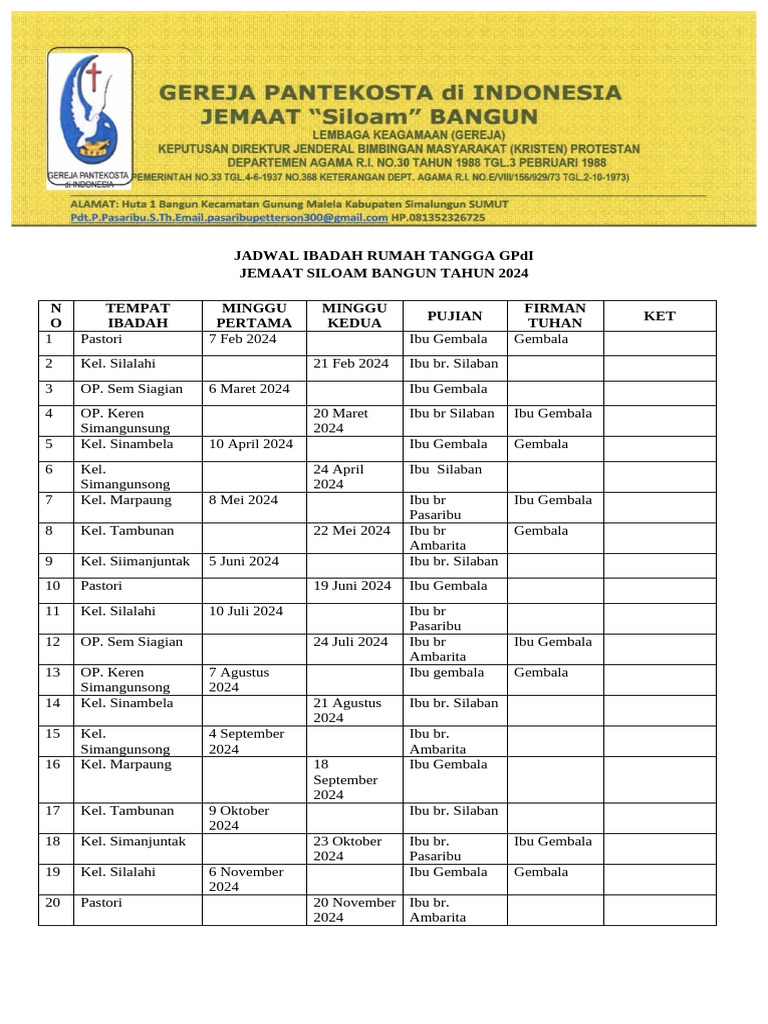 JADWAL IBADAH RUMAH TANGGA GPdI JEMAAT SILOAM BANGUN TAHUN 2024 | PDF