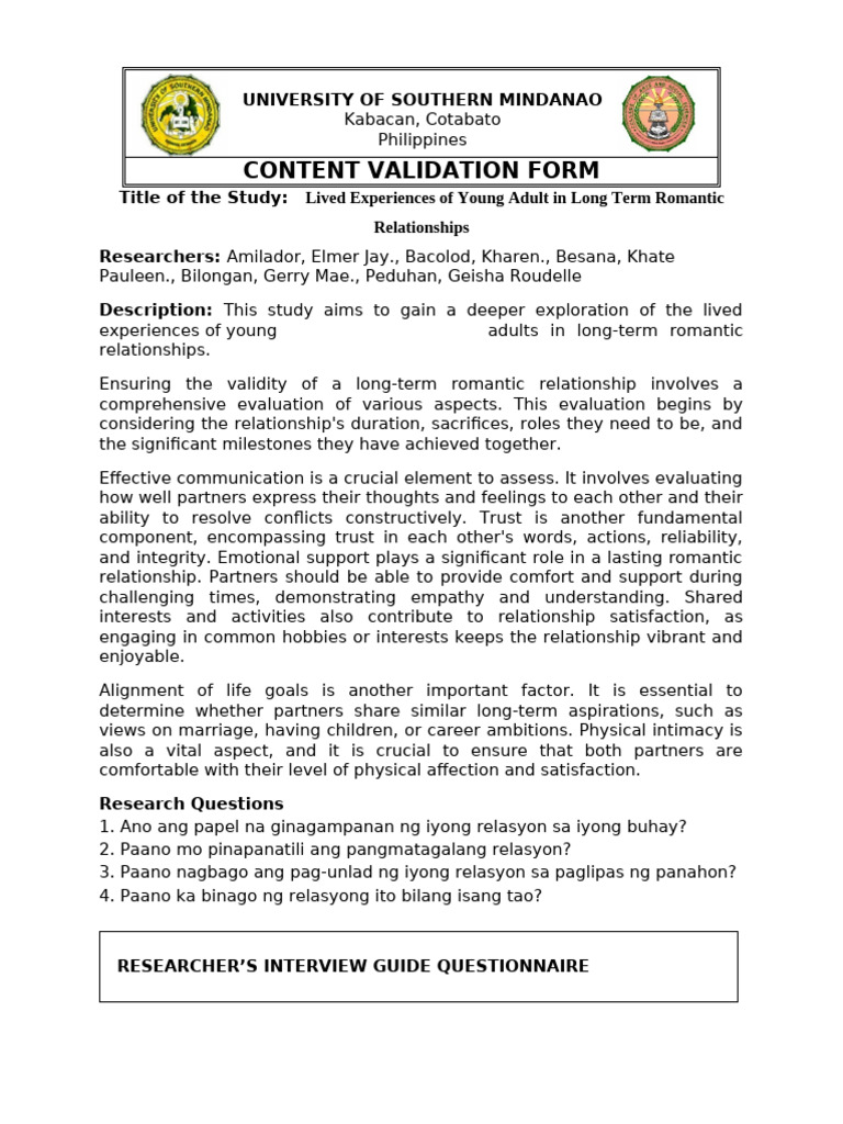 FINAL Content Validation Form of Long Term Relationship 1 | PDF