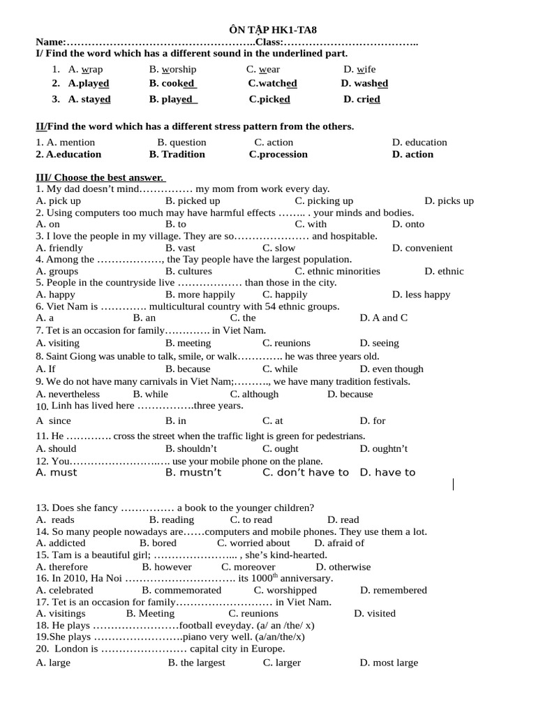 ÔN TẬP HK1-TA8-5 | PDF