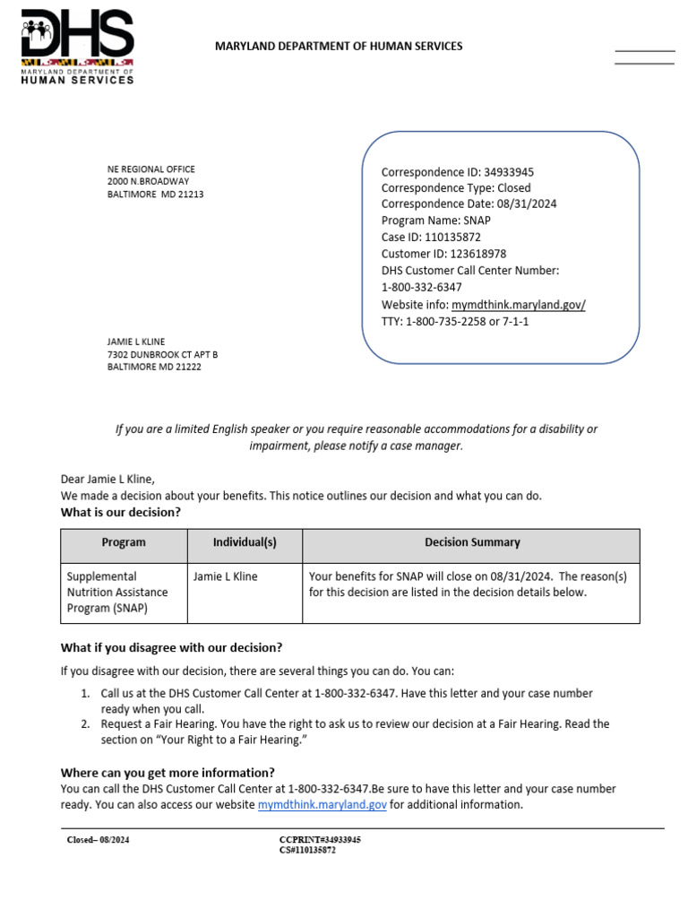 Maryland SNAP Benefits Closure Notice | PDF | Supplemental Nutrition ...