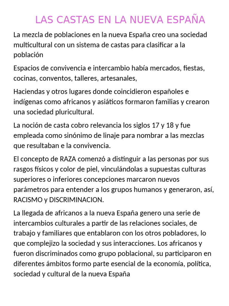 Las Castas en La Nueva España | PDF