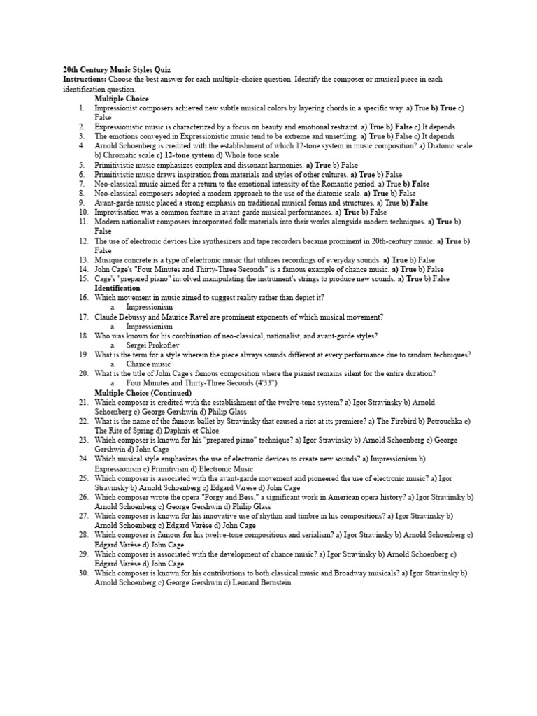 20th Century Music Styles Quiz | PDF | Harmony | Musicology