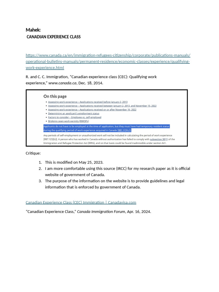 Canadian Experience Class | PDF | Immigration | Human Migration