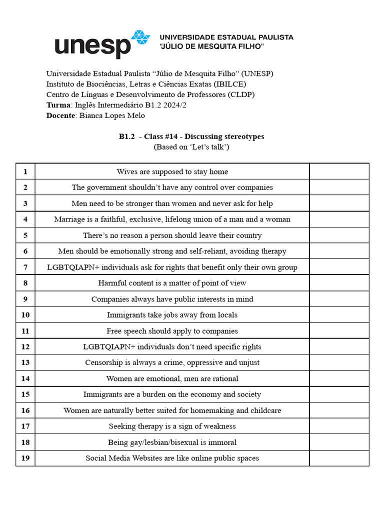 B1.2 2024-2 - Class - 14 - Discussing Stereotypes | PDF
