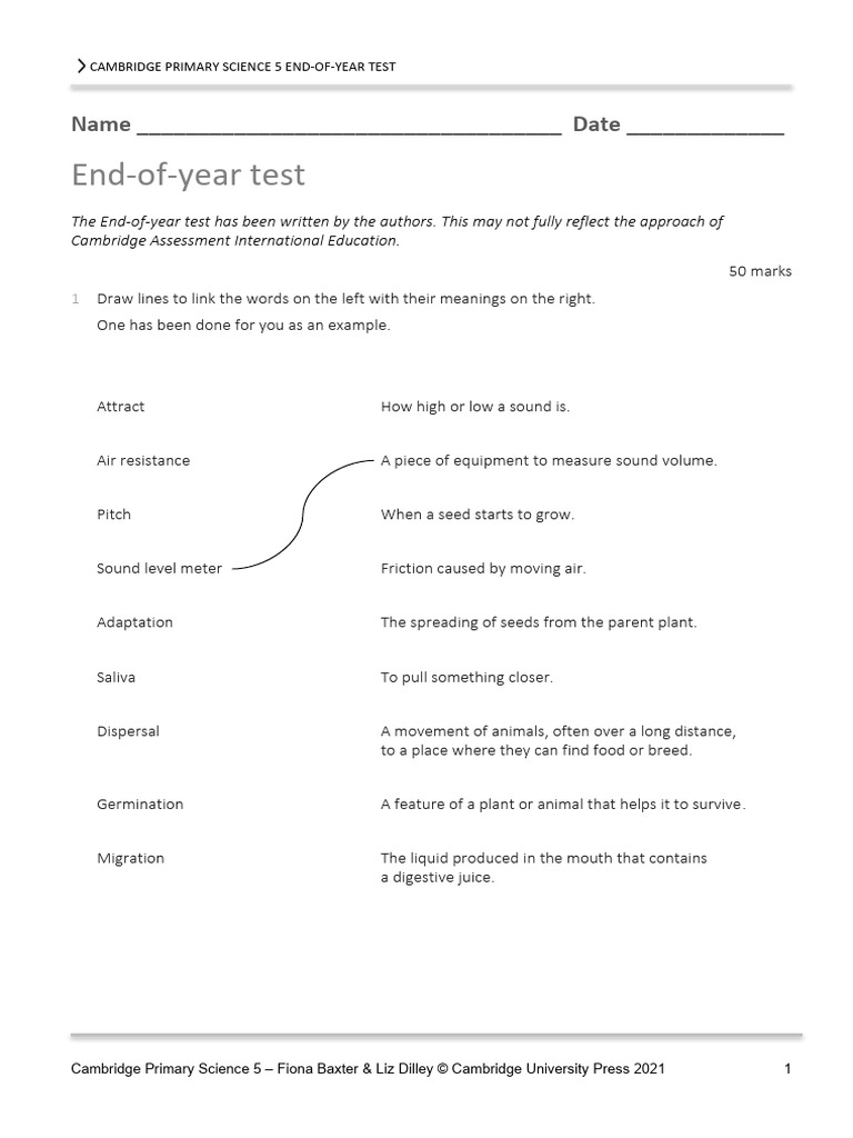 Cambridge Primary Science 5 Test | PDF | Force | Digestion