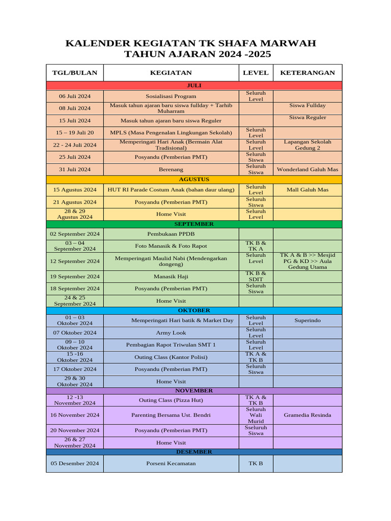 Kalender Kegiatan TK Shafa Marwah 2024-2025 | PDF
