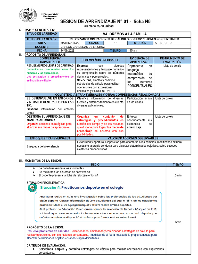 SESIÓN 01 DE FICHA n8 de Ref 14 de Setiemb | PDF | Aprendizaje | Evaluación