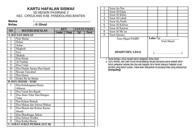 Form Hafalan Juz 30 Dan Doa - KLS 2 | PDF