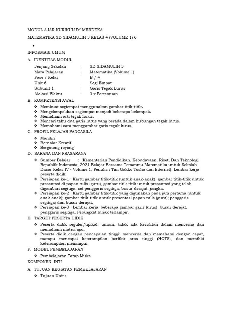 Modul Ajar MTK Kelas 4 Bangun Datar | PDF