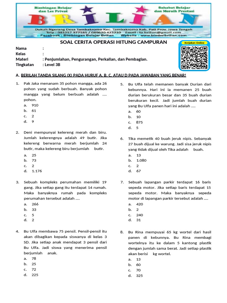 Soal Cerita Operasi Hitung Acak P4 - Level 3B | PDF
