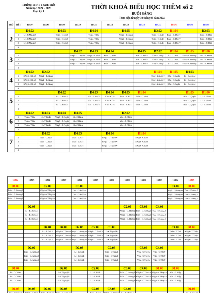 TKB HOC THEM So 2 Ky 1 Nam 2024 - 2025 Thuc Hien Tu 30 - 9 - 2024 - HOC SINH | PDF