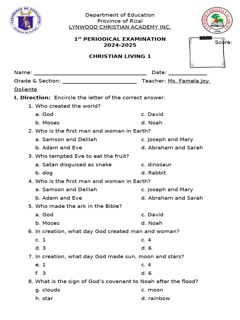 CL - Grade1 - 1ST Periodical Exam | PDF | Noah | Adam And Eve