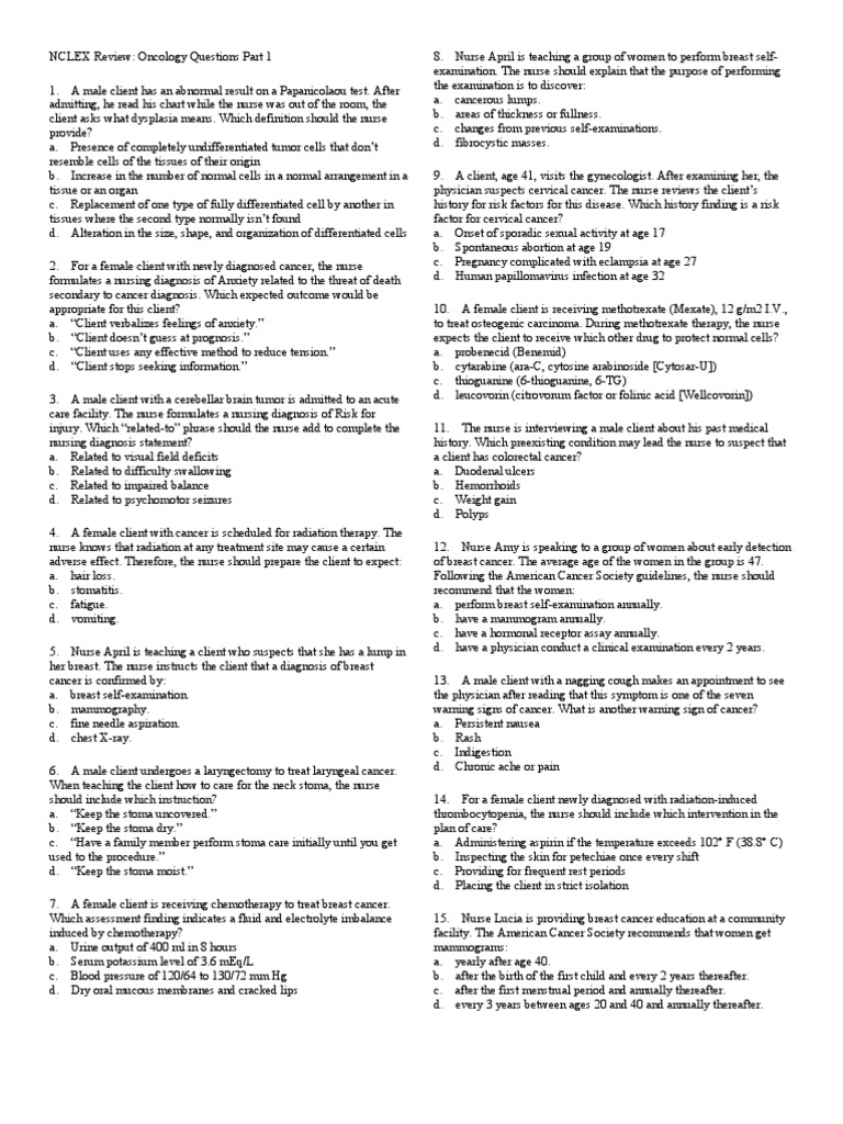 NCLEX Review Oncology Nursing | PDF | Breast Cancer | Cancer
