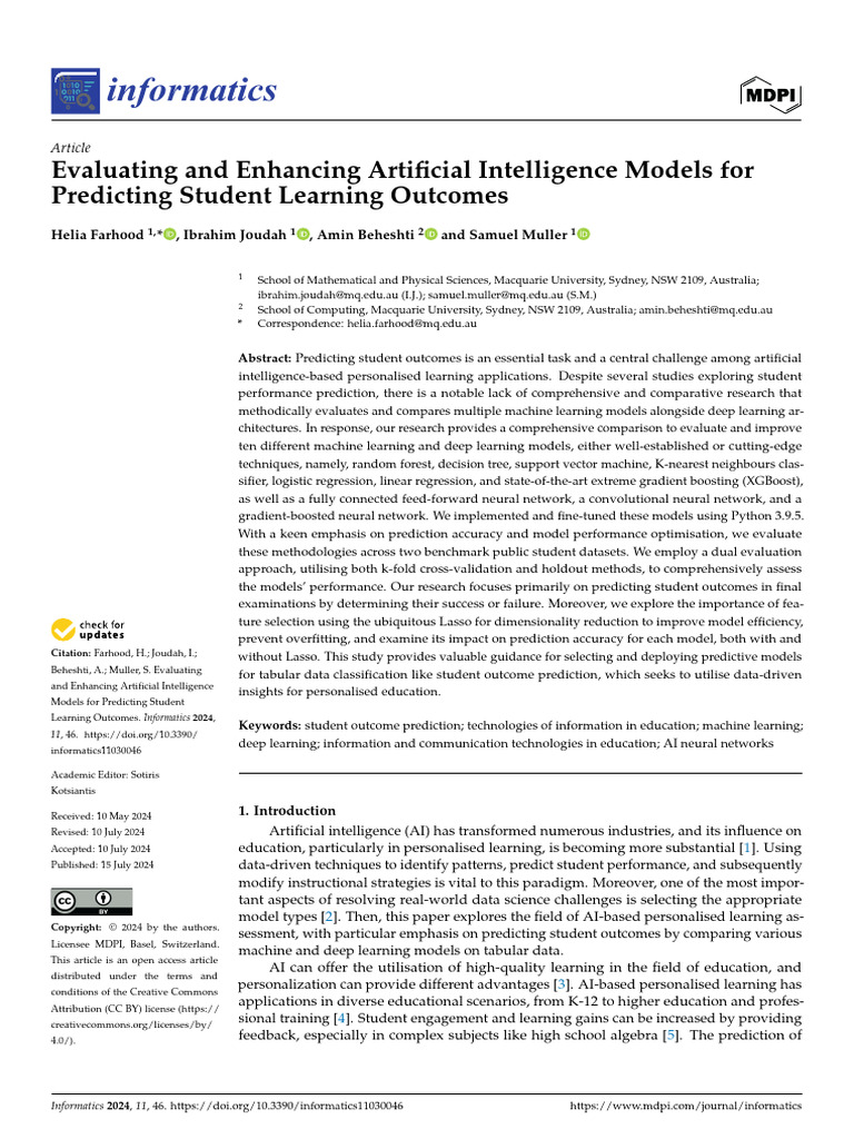 Evaluating and Enhancing Artificial Intelligence Models For Predicting Student Learning Outcomes ...
