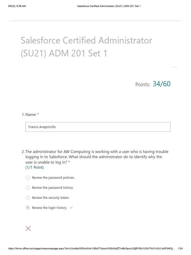 Salesforce Certified Administrator Su21 Adm 201 Set 1 Pdf Password Login