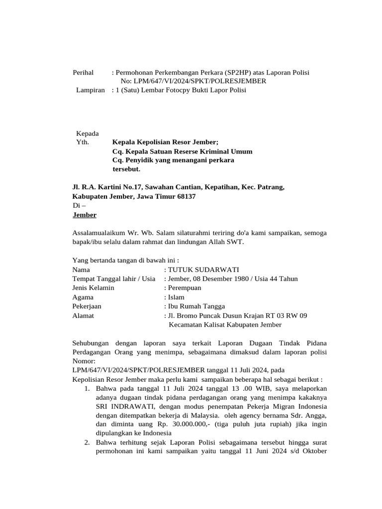 Surat Permohonan SP2HP Jember 1 | PDF