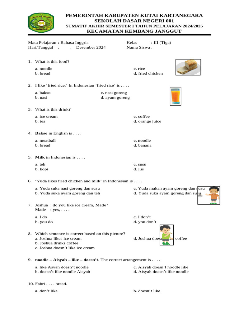 Kelas 3 Soal Uas Semester 1 Bahasa Inggris | PDF | Southeast Asian ...