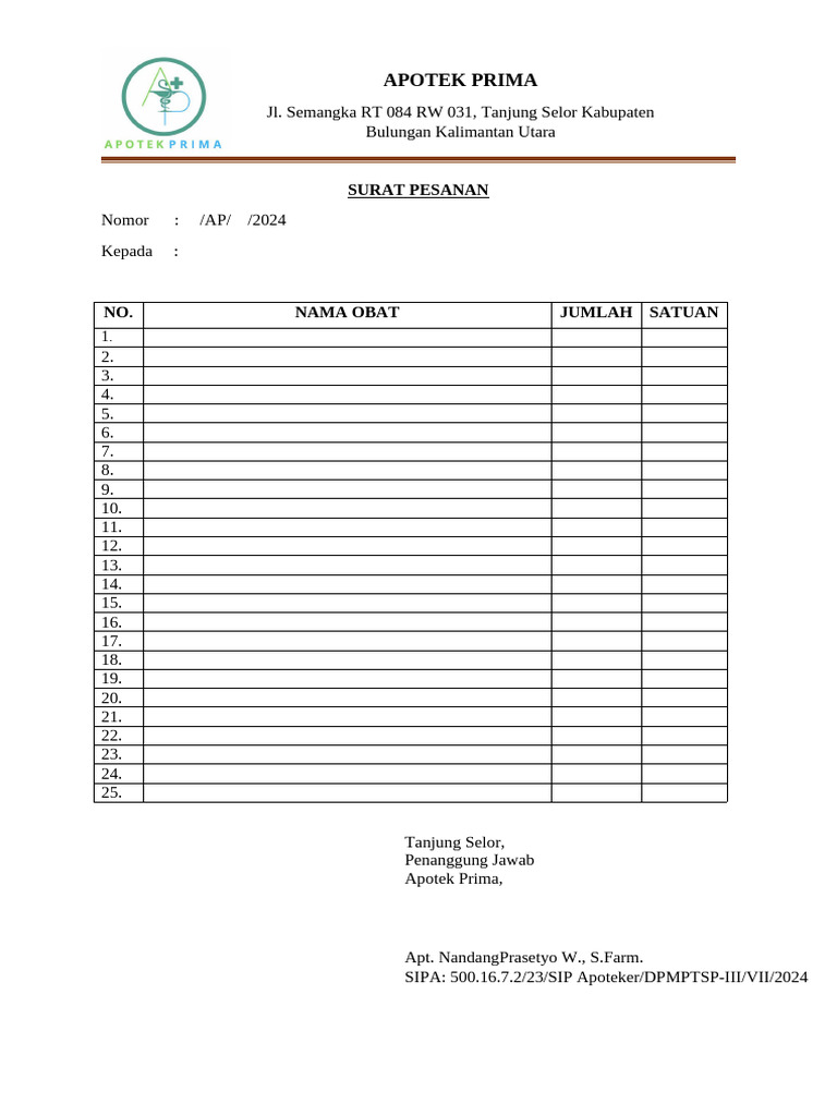 Surat Pesanan Obat Bebas Apotek Prima | PDF