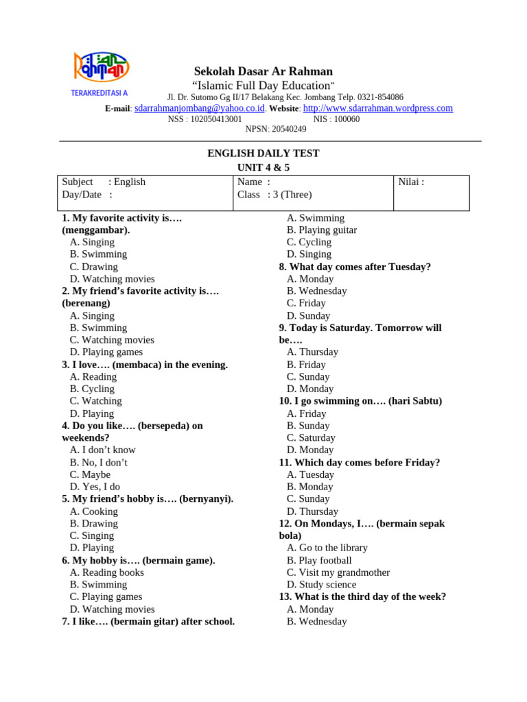English Daily Test Kelas 3 Unit 4 & 5 | PDF