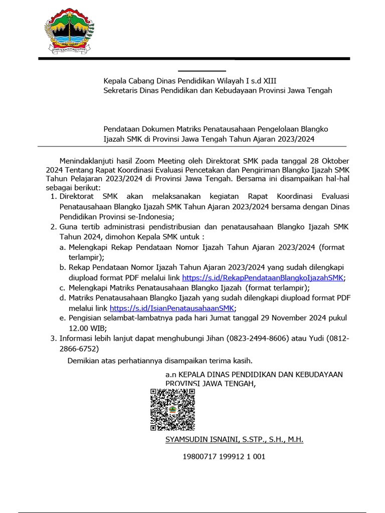 Nd. Pendataan Matriks Blangko Ijazah TH 2024 | PDF