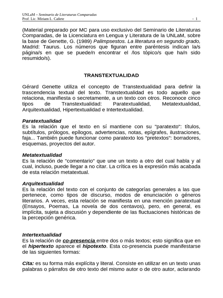 Transtextualidad - Ficha de Cátedra | PDF | Escritura