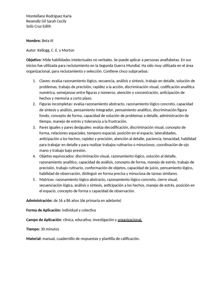Test Beta III: Evaluación No Verbal | PDF