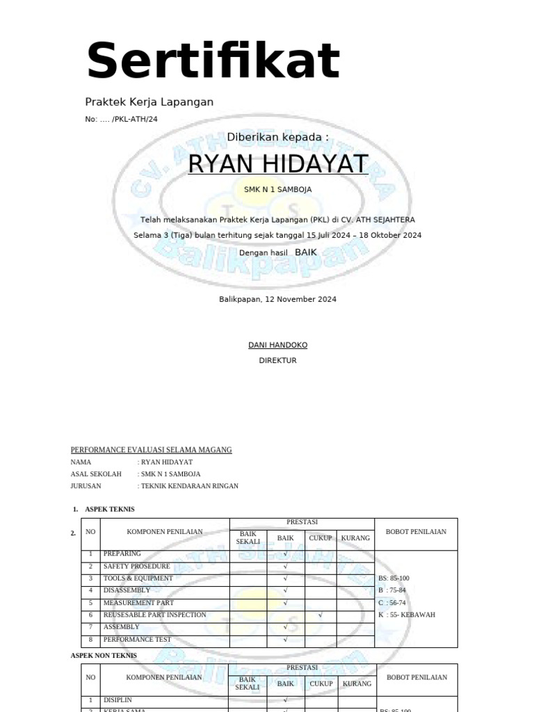 SERTIFIKAT MAGANG RYAN HIDAYAT (Workshop PANCA) | PDF