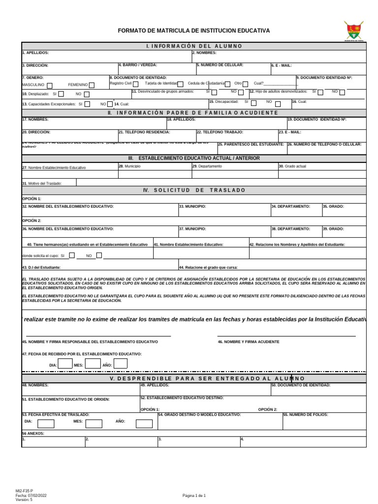 Formato de Matricula de Alumnos Ie 2025 | PDF | Documento de identidad