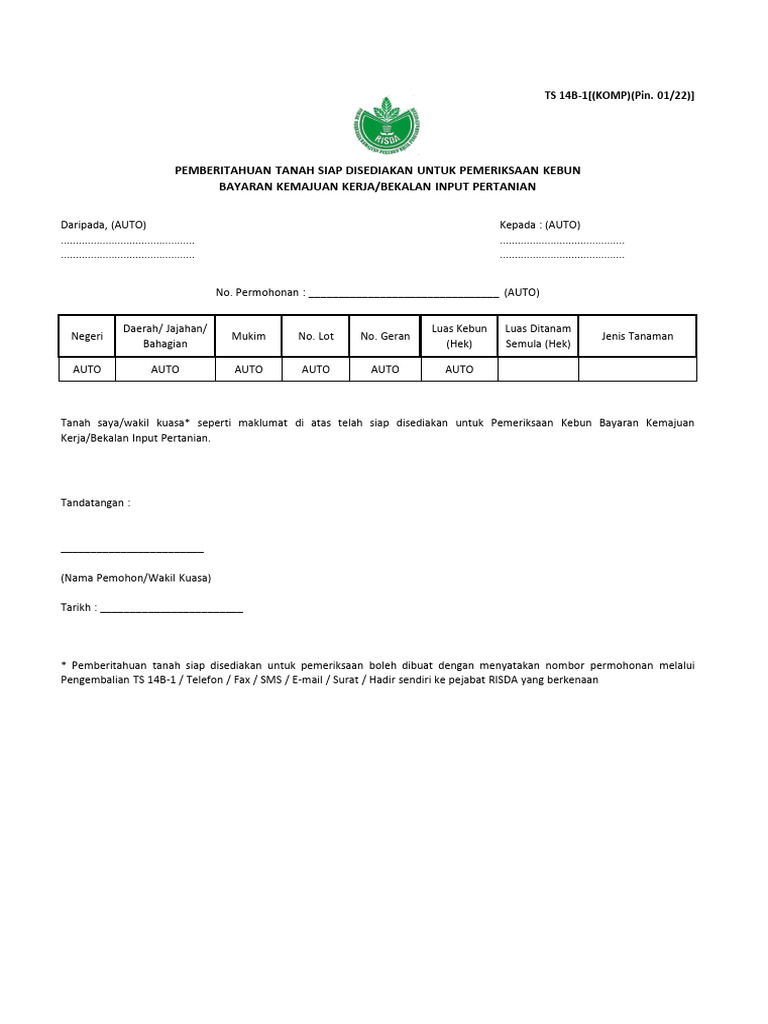 TS 14B - 1 KOMP Pin 1 - 22 - Pemberitahuan Tanah Siap Untuk Pemeriksaan Kebun | PDF