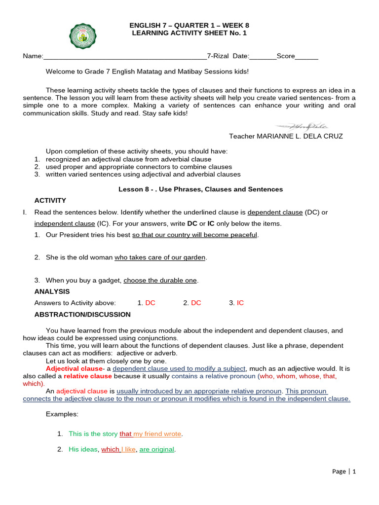 English 7 Q1 Week 8 | PDF | Adverb | Adjective