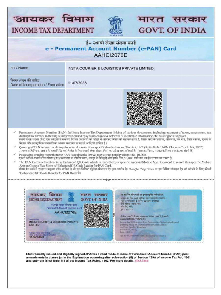 Insta Courier & Logistics Pan Card & Certificate | PDF
