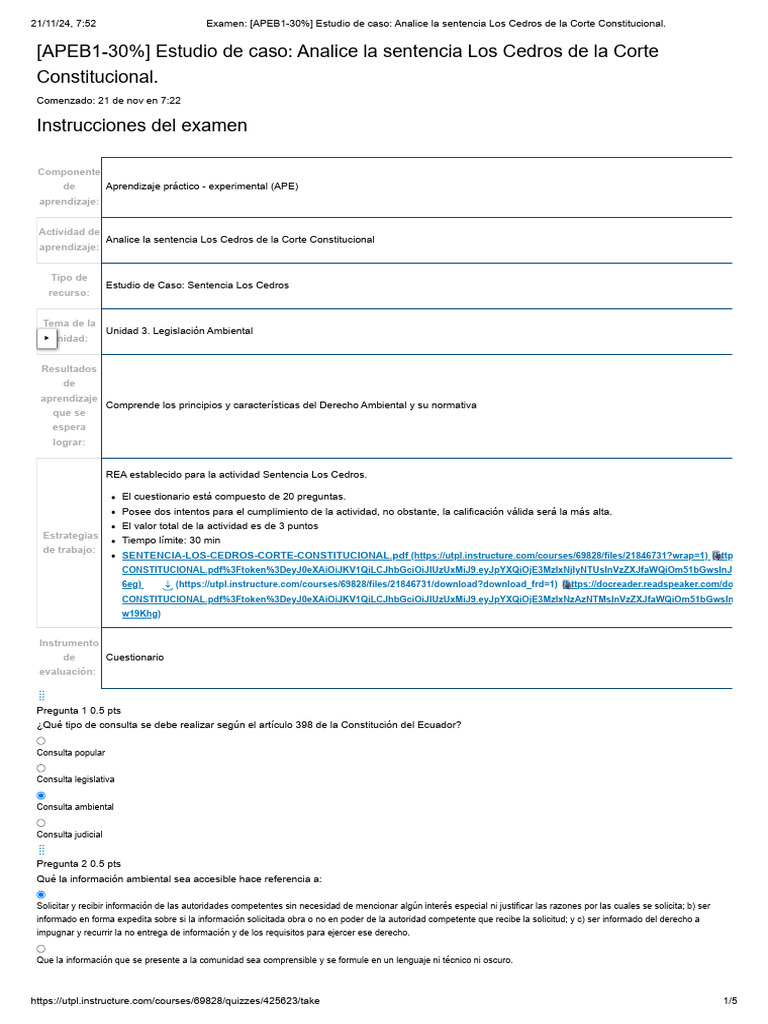 Examen - (APEB1-30%) Estudio de Caso - Analice La Sentencia Los Cedros de La Corte ...