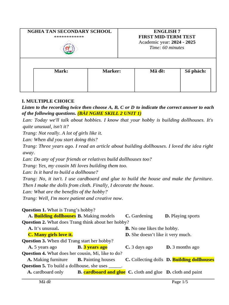 KEY gốc Anh 7 GKI (2024-2025) | PDF | Sunscreen