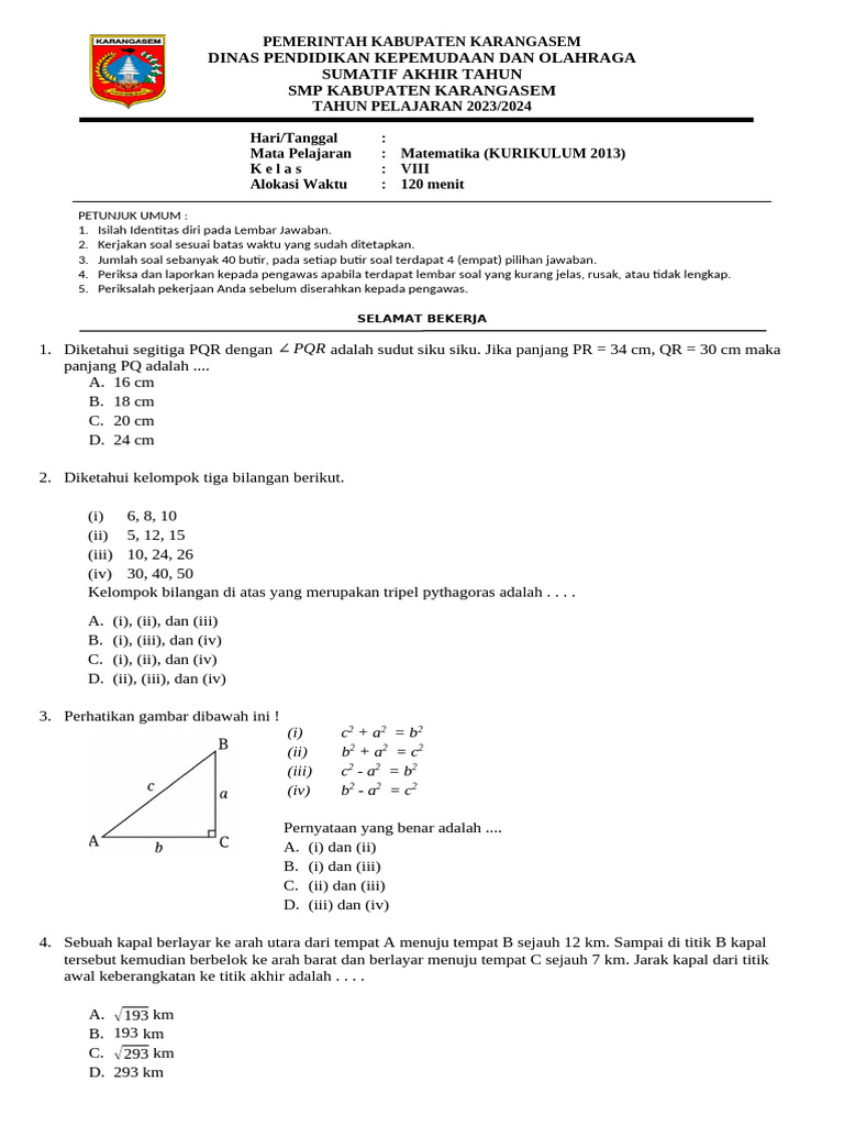 Soal Pas Matematika Genap Kelas 8 K13 | PDF