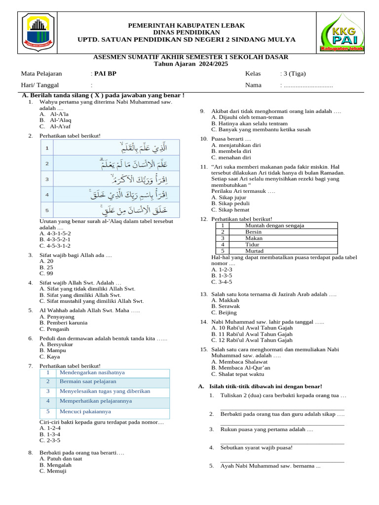 SOAL PAI KELAS 3 sm1 | PDF