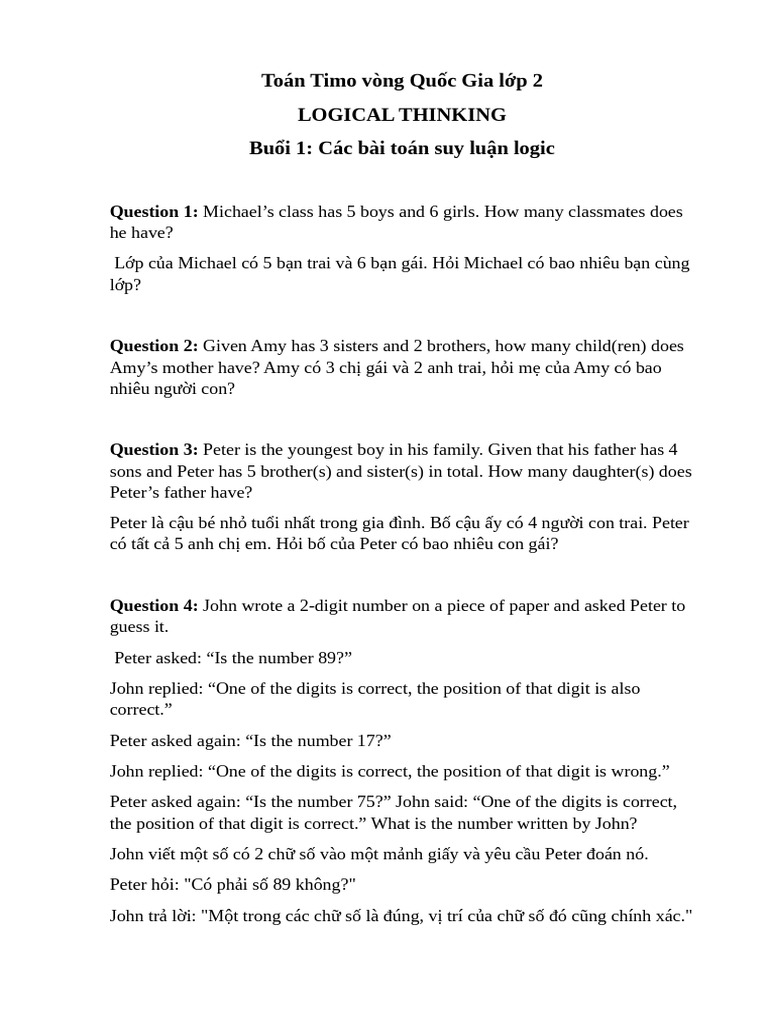 Toán Timo vòng Quốc Gia lớp 2 | PDF