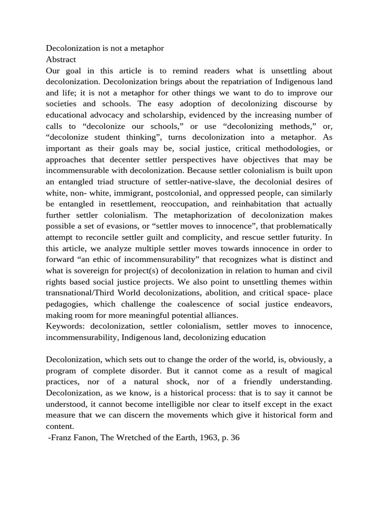 Decolonization Beyond Metaphor | PDF | Decolonization | Colonialism
